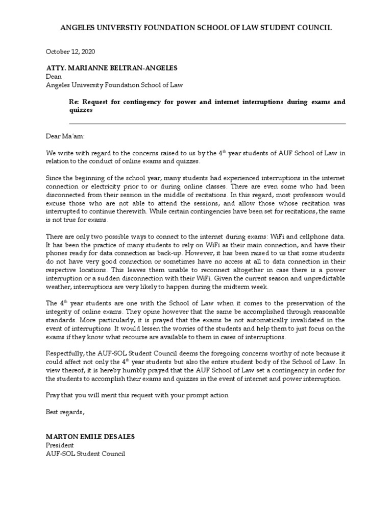 Letter To The Dean - Request For Contingency During Interruptions in ...