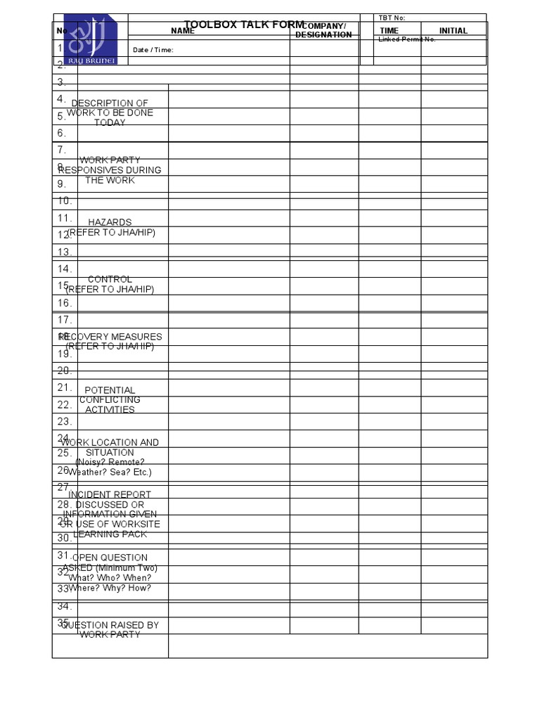 Toolbox Talk Form: No Name Company/ Designation Time Initial | PDF