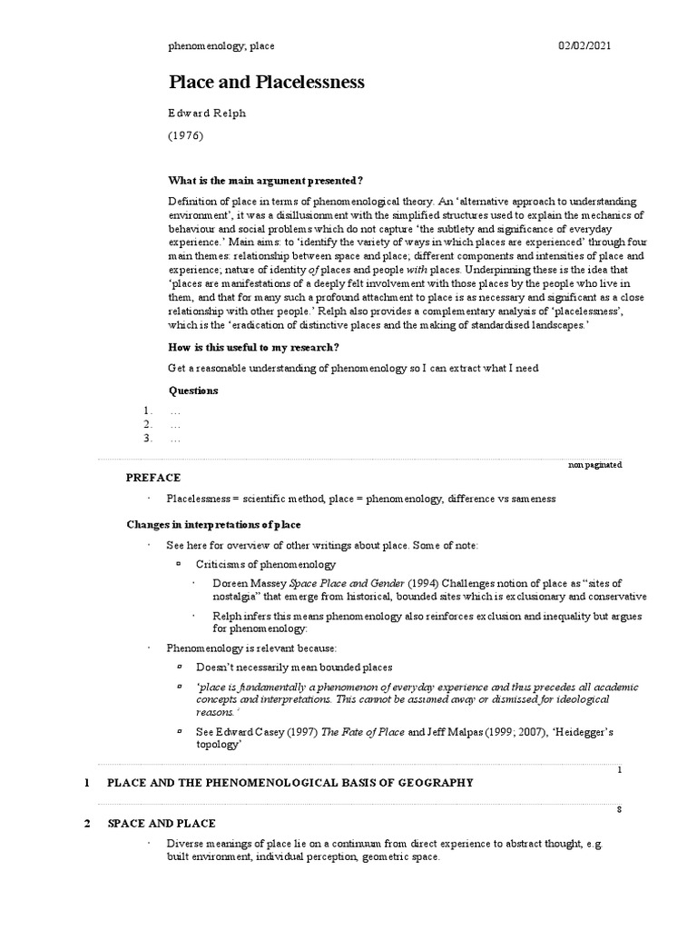 Place and Placelessness: What Is The Main Argument Presented? | PDF ...