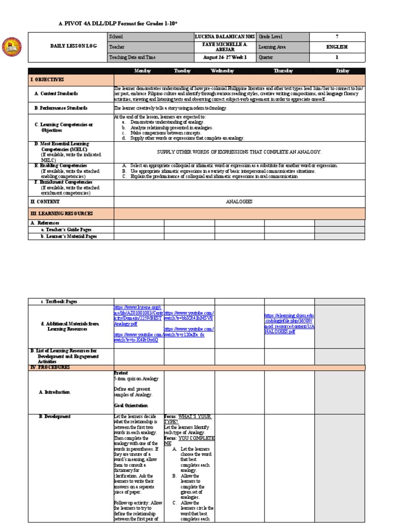 PIVOT 4A DLL/DLP Format For Grades 1-10 : Monday Tuesday Wednesday ...