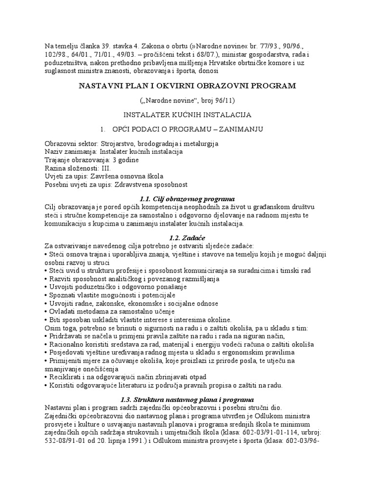 Nastavni Plan I Program - Intalater Kućnih Instalacija | PDF