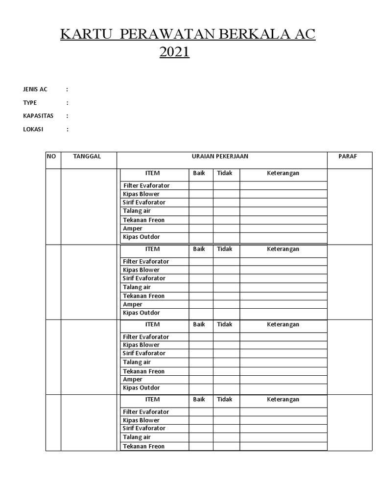 Kartu Perawatan Berkala AC 2021 | PDF