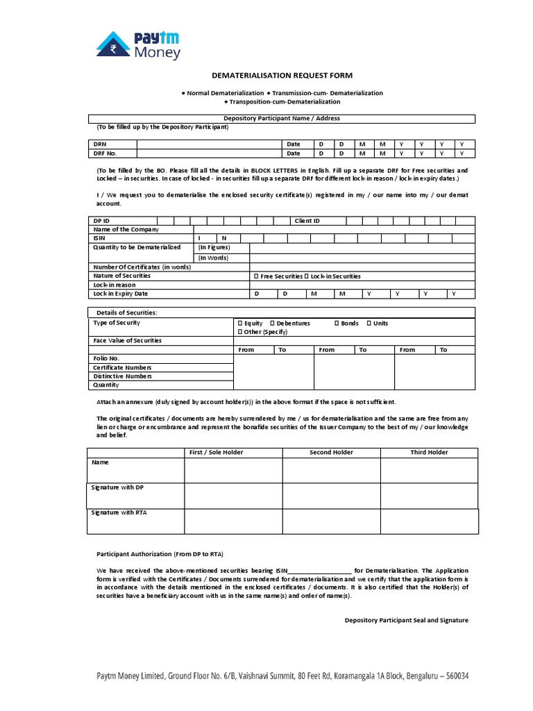 Dematerialisation Request Form | Download Free PDF | Securities (Finance) | Investments & Securities