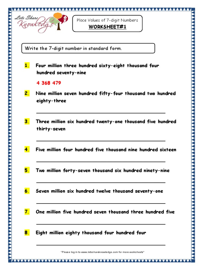 7 Digit Number Grade 5 Worksheets1 | PDF
