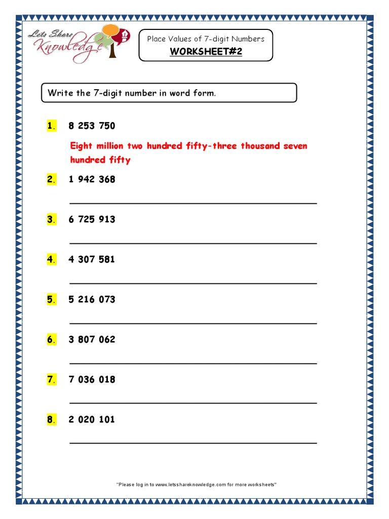 Write The 7-Digit Number in Word Form.: Eight Million Two Hundred Fifty ...