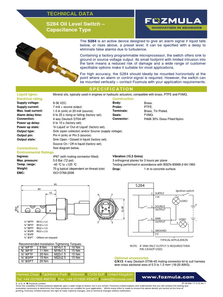 S284 Fozmula Capacitance Oil Level Switch Data JP 26 Apr 19 3.12 Rev 1 ...