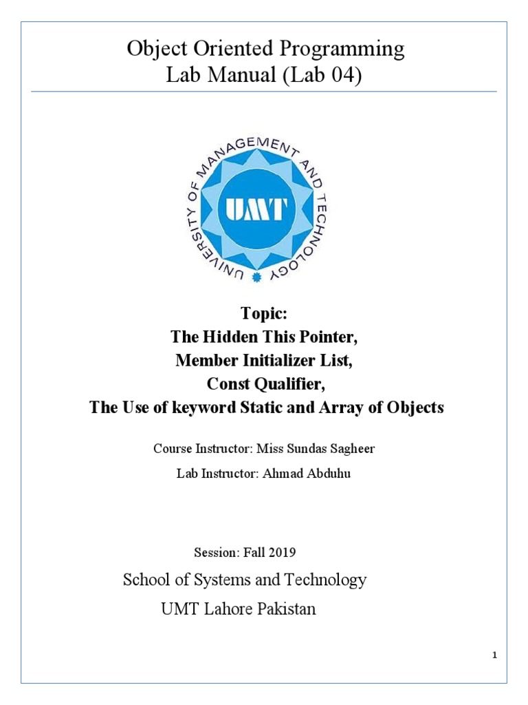 Object Oriented Programming Lab 05 Static Const This Array Of Objects Pdf Constructor 