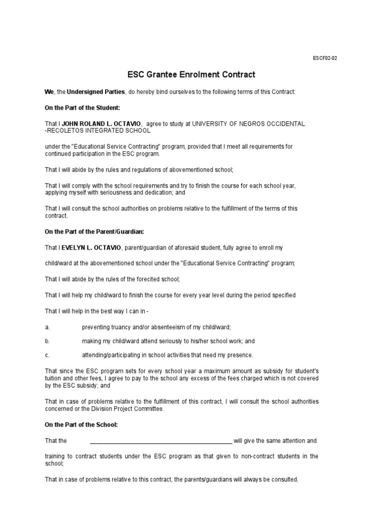 ESC Grantee Enrolment Contract | PDF | Schools | Business