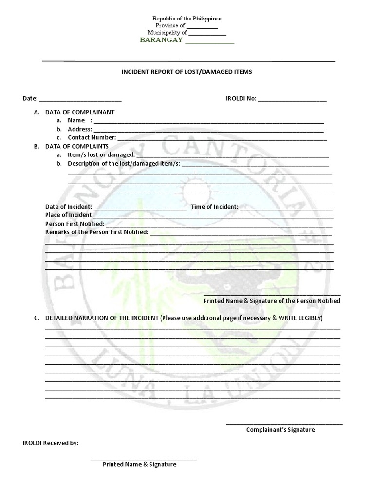 Sample Incident Report - Lost - Damaged Item | PDF | Business