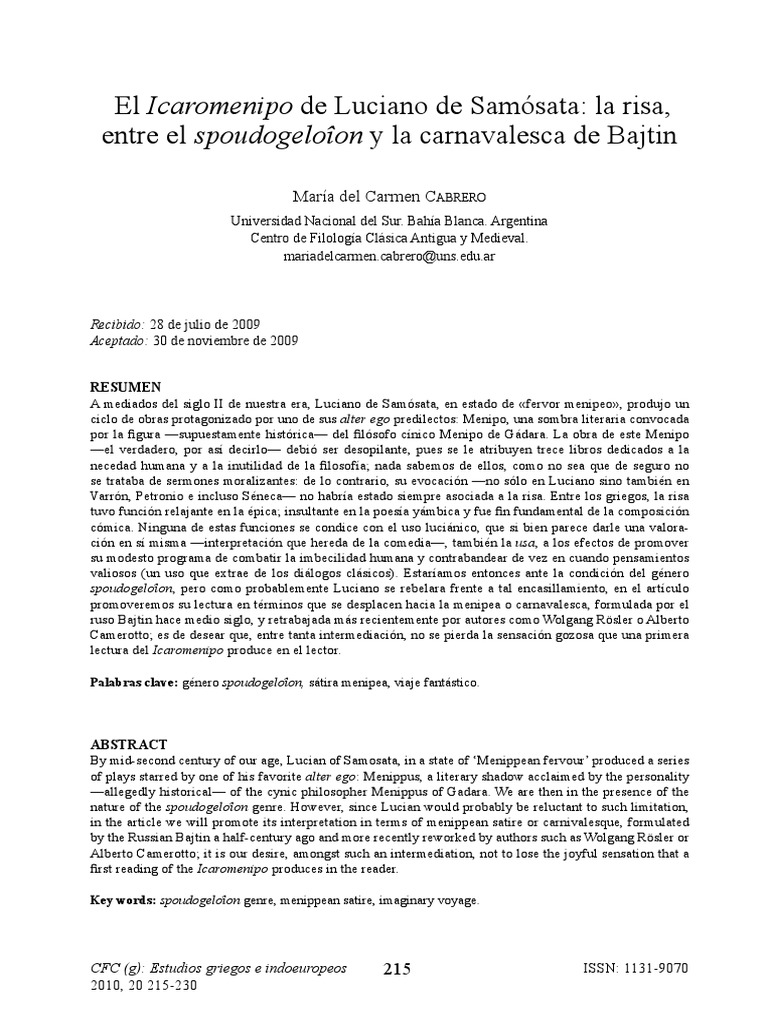 El Icaromenipo, Luciano, Carnaval, Bajtín | PDF | La risa | Sátira