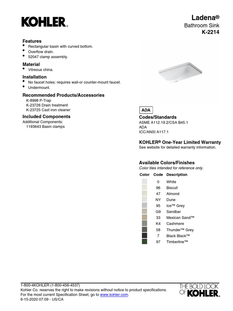 Kohler Ladena K-2214 | Download Free PDF | Sink | Manufactured Goods