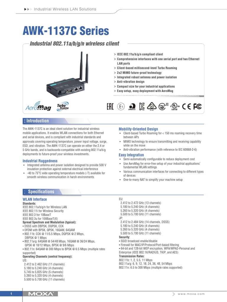 AWK-1137C Series: Industrial 802.11a/b/g/n Wireless Client | PDF | Wireless Lan | Ieee 802.11