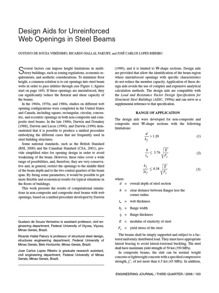Design Aids For Unreinforced Web Openings in Steel and Composite Beams ...