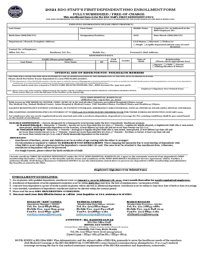 BDO Staff's First Dependent HMO Enrollment Form | PDF | Health Maintenance Organization | Medicine