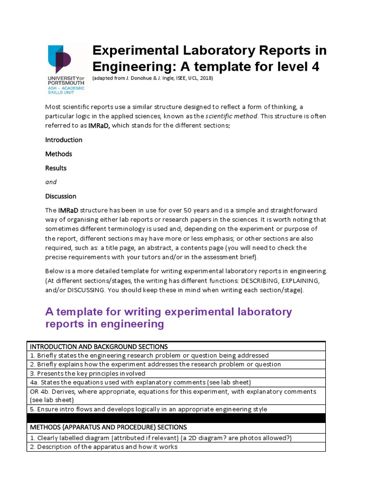 Experimental Laboratory Reports in Engineering A Template For Level 4 ...