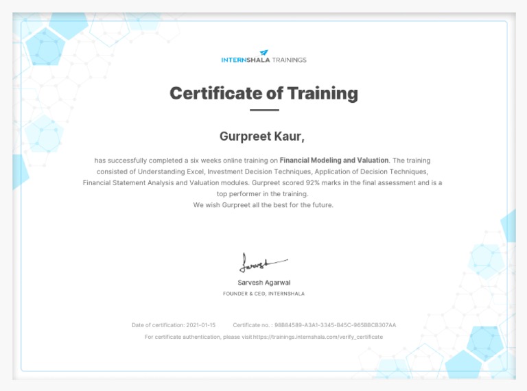 Financial Modeling and Valuation Training - Certificate of Completion | PDF