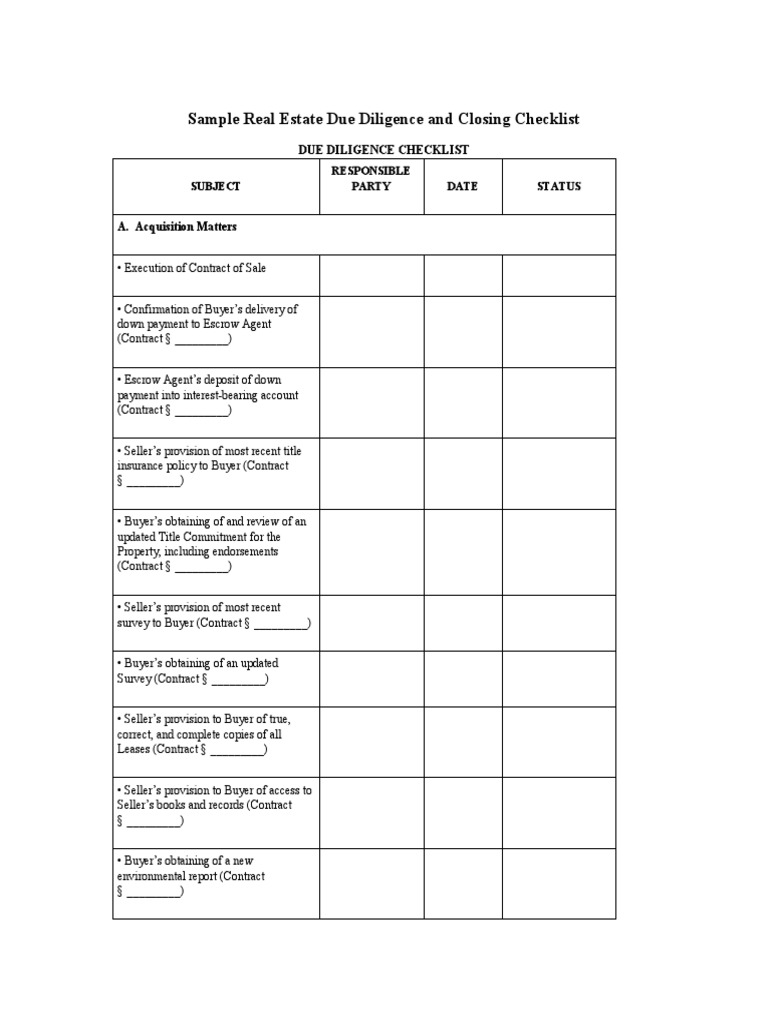 Sample Real Estate Due Diligence and Closing Check List | PDF | Title ...