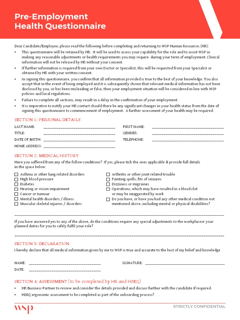 Pre-Employment Health Questionnaire | PDF | Mental Disorder | Disability