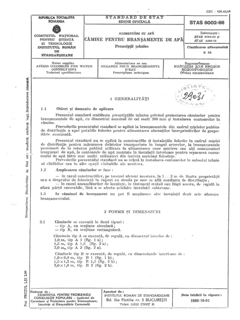 STAS 6002-88 Camine Bransament Apa | PDF
