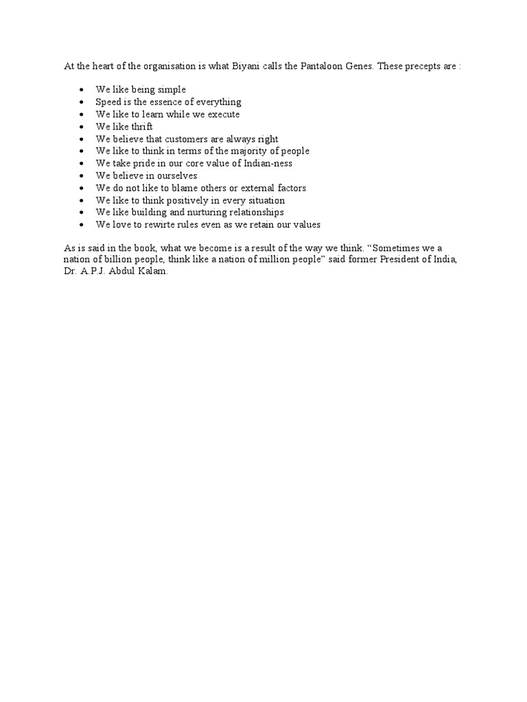 Pantaloon Genes: Core Values Explained | PDF | Self-Improvement