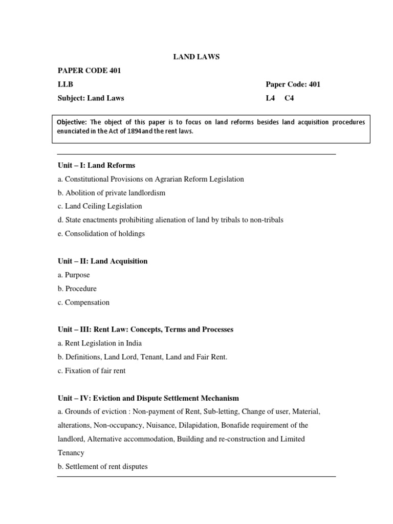 Land Laws Paper Code 401 LLB Paper Code: 401 Subject: Land Laws L4 C4 ...