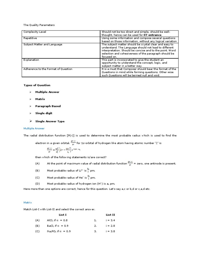 Types of Question Multiple Answer Matrix Paragraph Based Single Digit ...