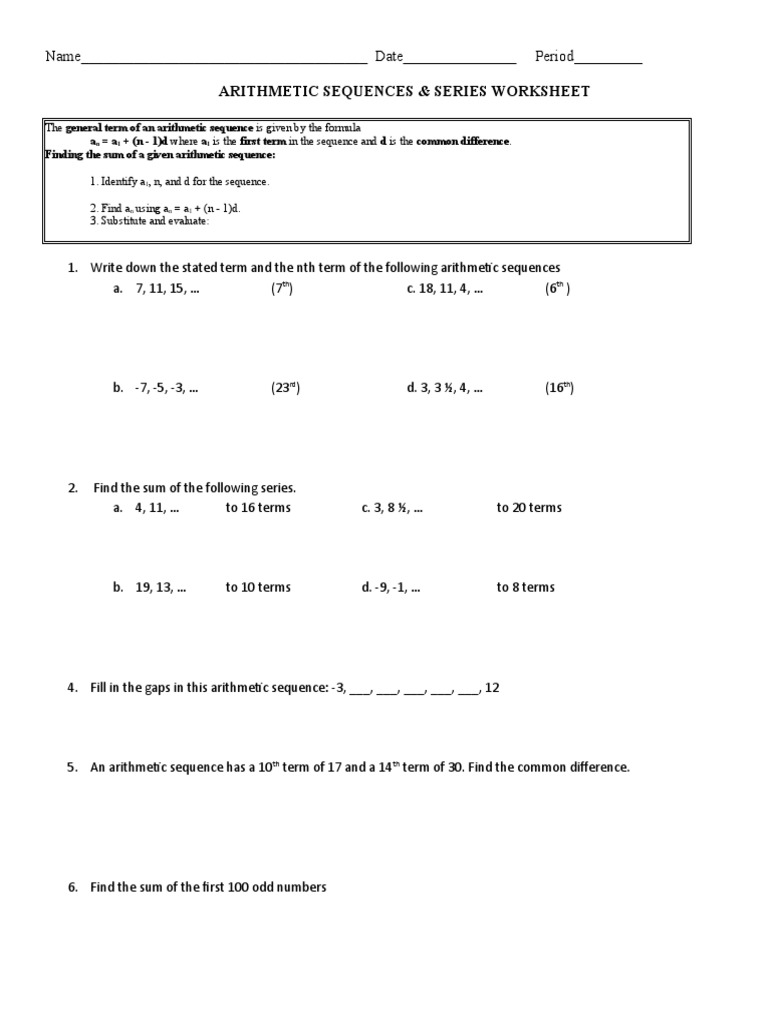 Arithmetic Sequences & Series Worksheet | PDF | Sequence | Teaching ...