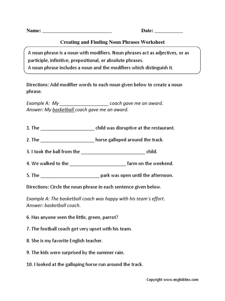 Name: - Date: - Creating and Finding Noun Phrases Worksheet | PDF