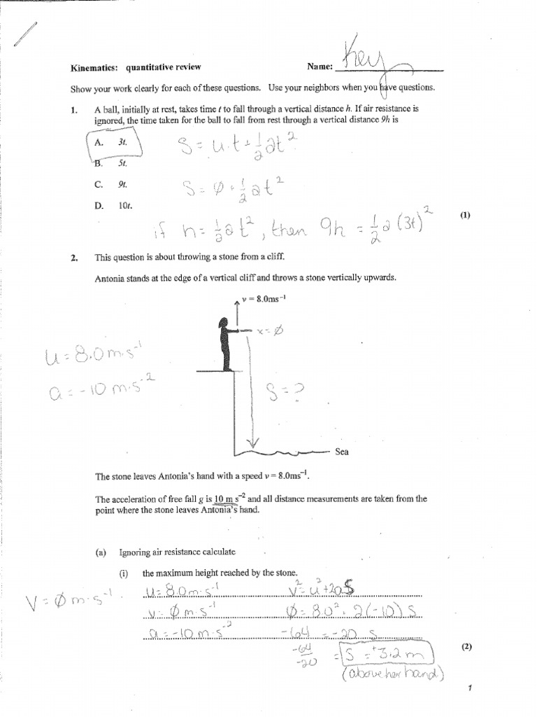 9 Kinematics Review Key | PDF