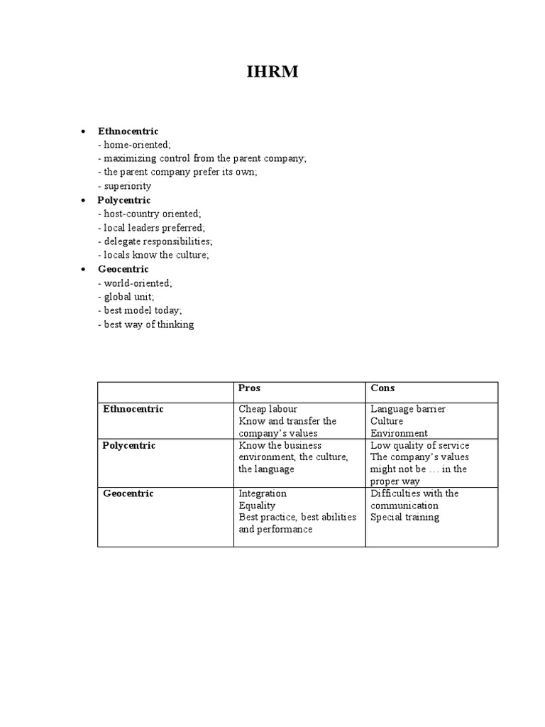 IHRM Strategies: Ethnocentric, Polycentric, Geocentric | PDF