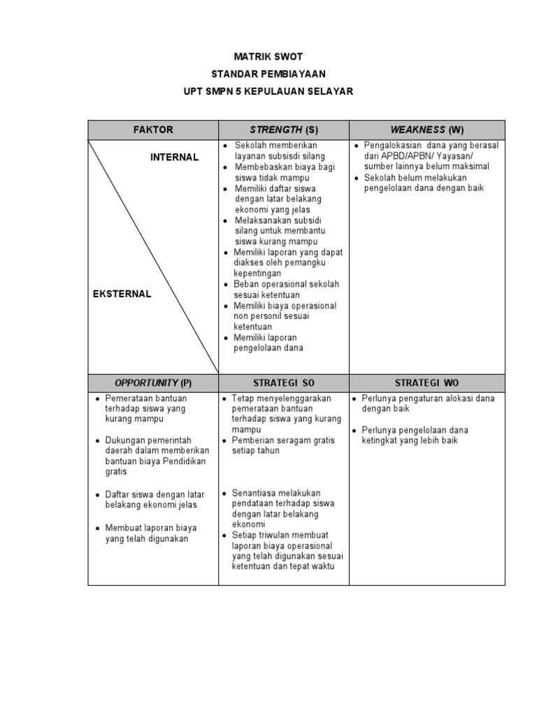 MATRIK SWOT Standar Pembiayaan | PDF