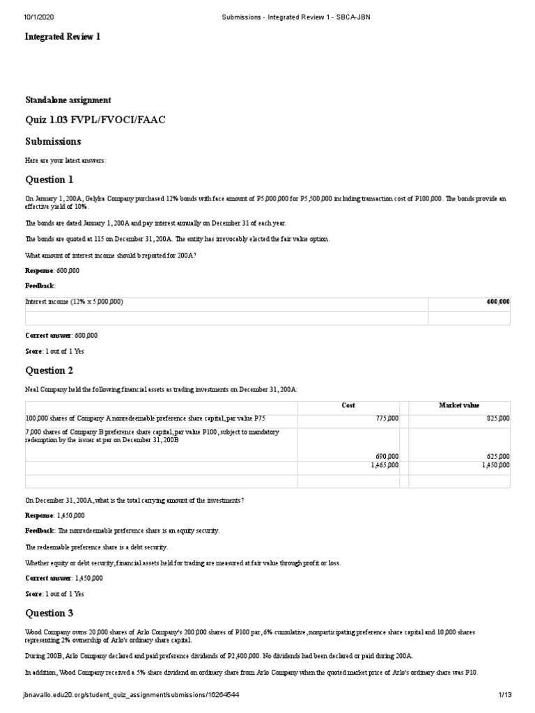 Quiz 1.03 FVPL FVOCI FAAC | PDF | Bonds (Finance) | Discounting
