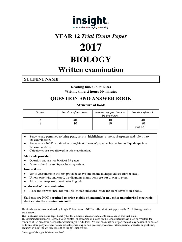 (VCE Biology) 2017 Insight Unit 34 Exam | PDF | Cellular Respiration ...