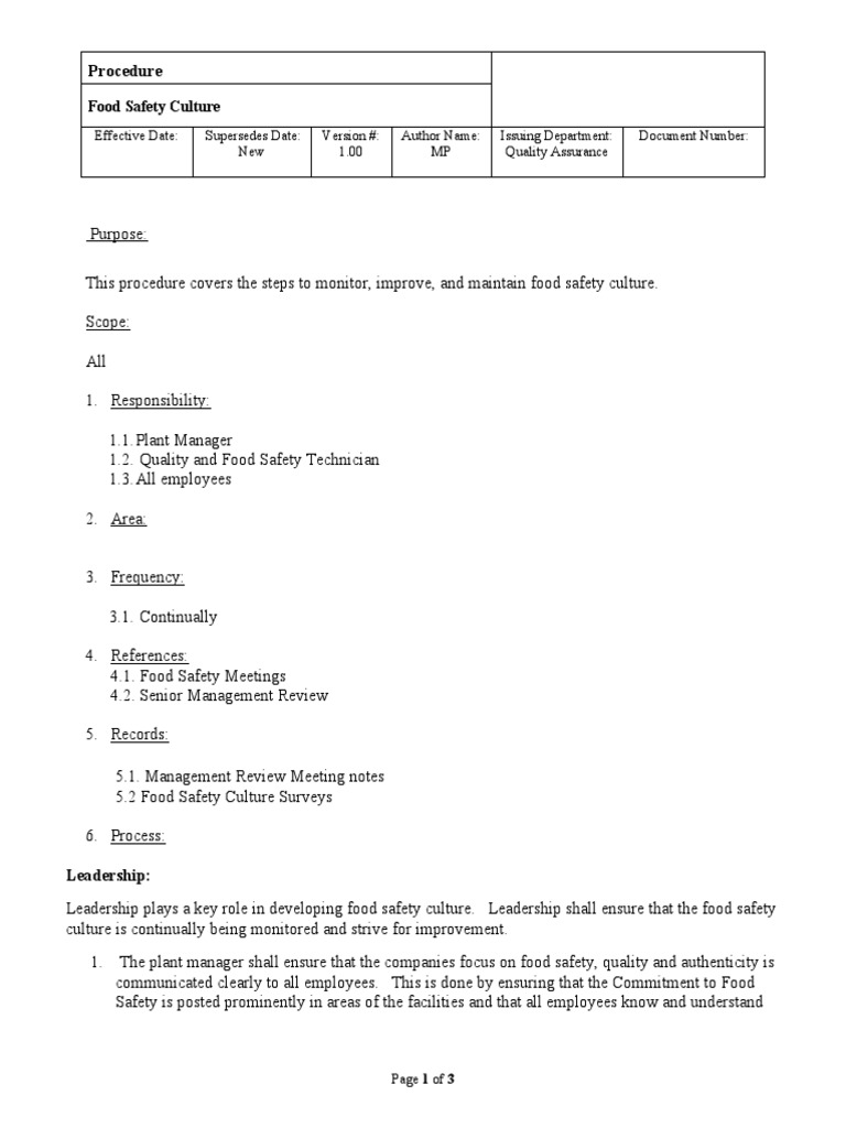 1.1.2 Food Safety Culture Plan | PDF | Food Safety | Foods