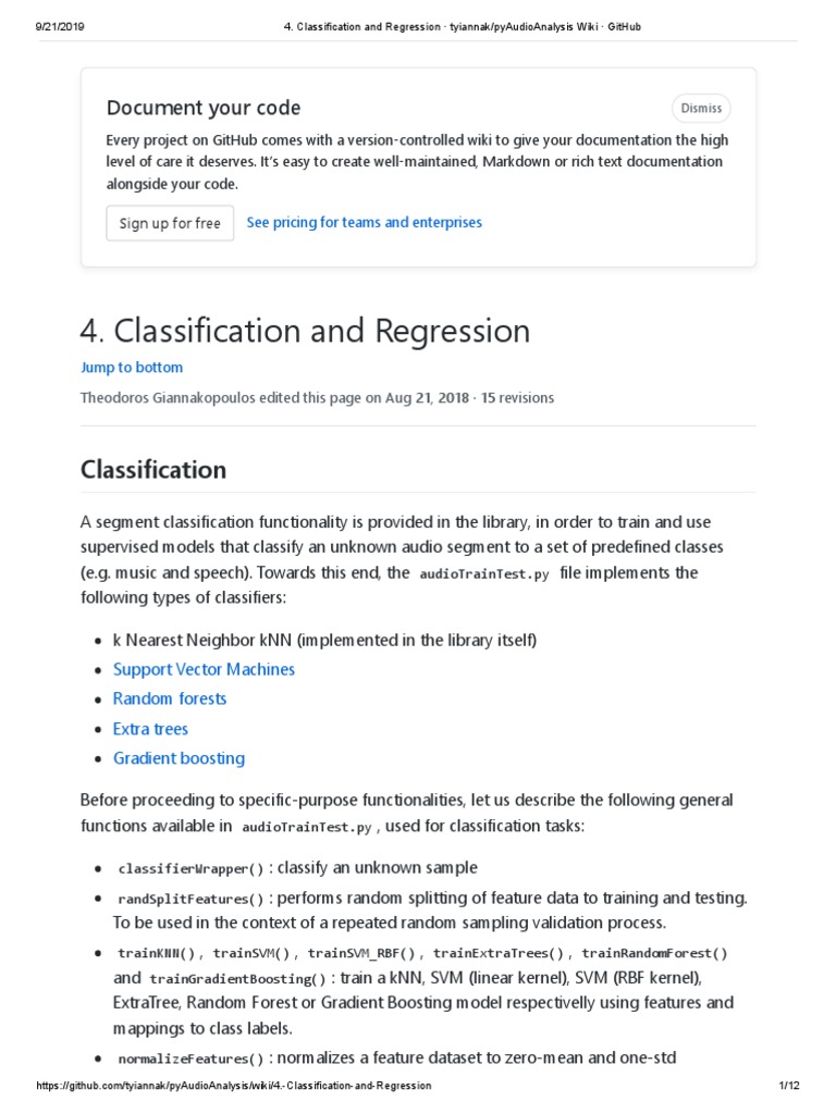 Classification and Regression Tyiannak - pyAudioAnalysis Wiki GitHub | PDF | Statistical ...