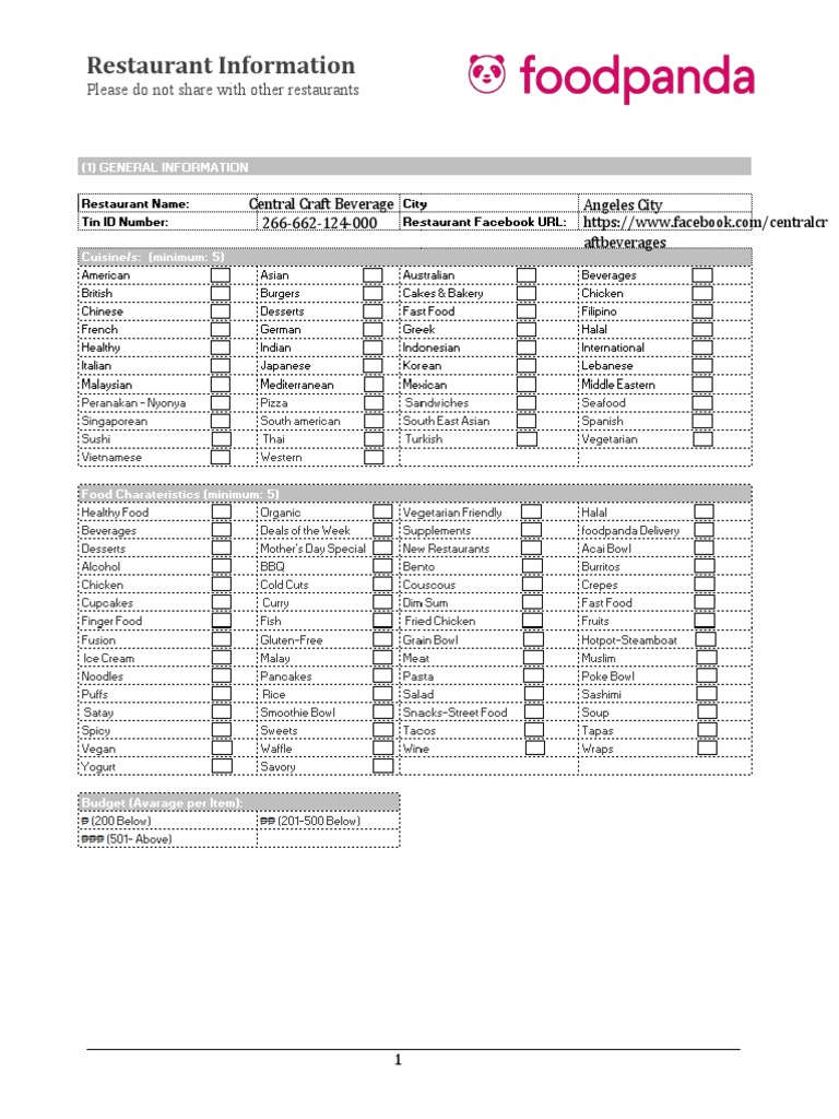 Restaurant Information: Please Do Not Share With Other Restaurants ...