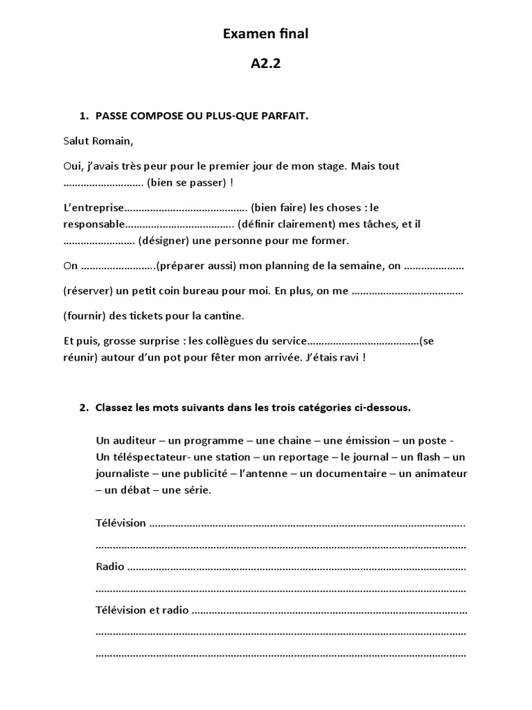 Examen final A2.2 - Français | PDF | Maison et jardin