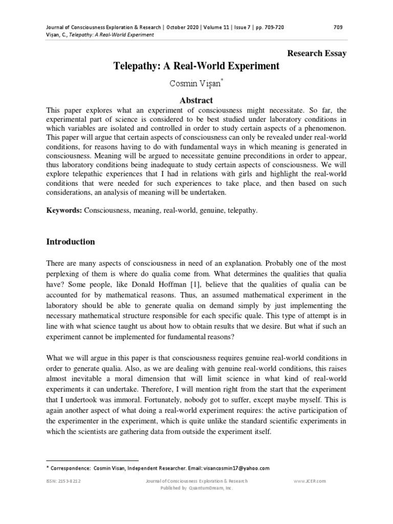 Telepathy A Real World Experiment | PDF | Qualia | Consciousness