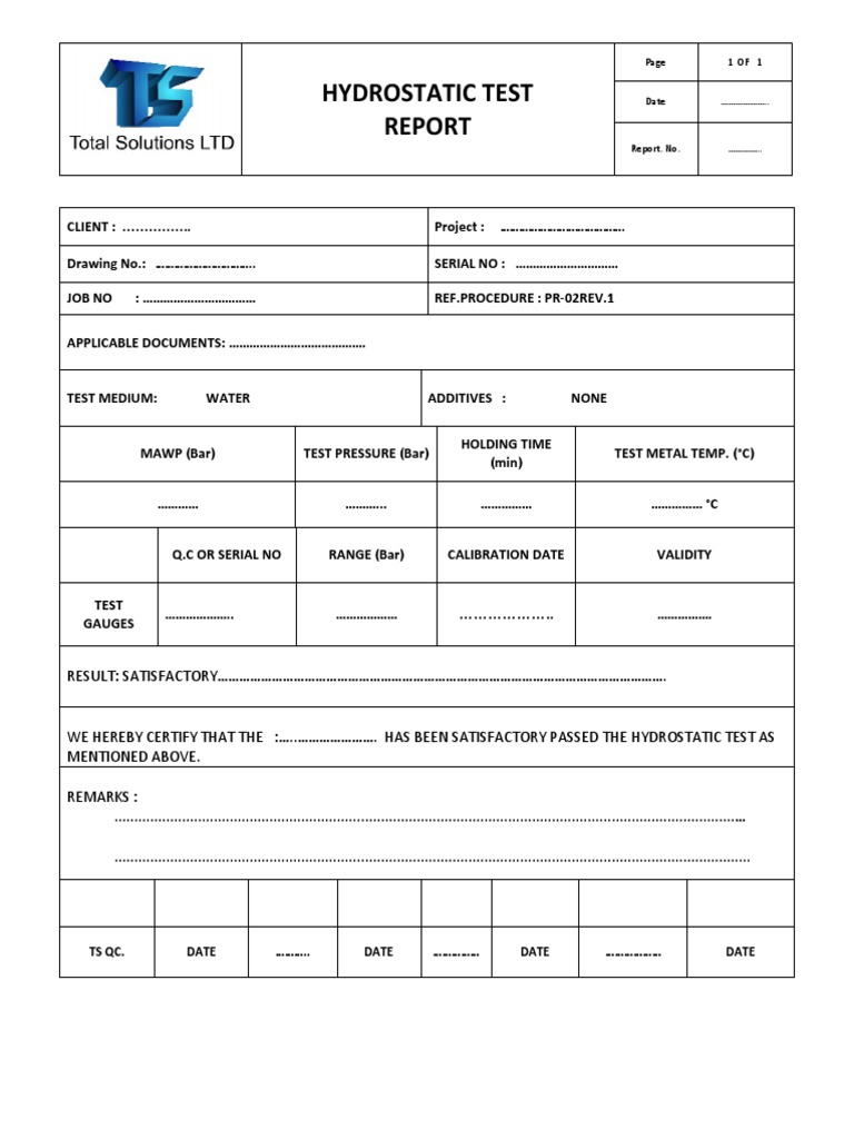 Hydrostatic Test Report: Satisfactory Pressure Test Results for Serial ...