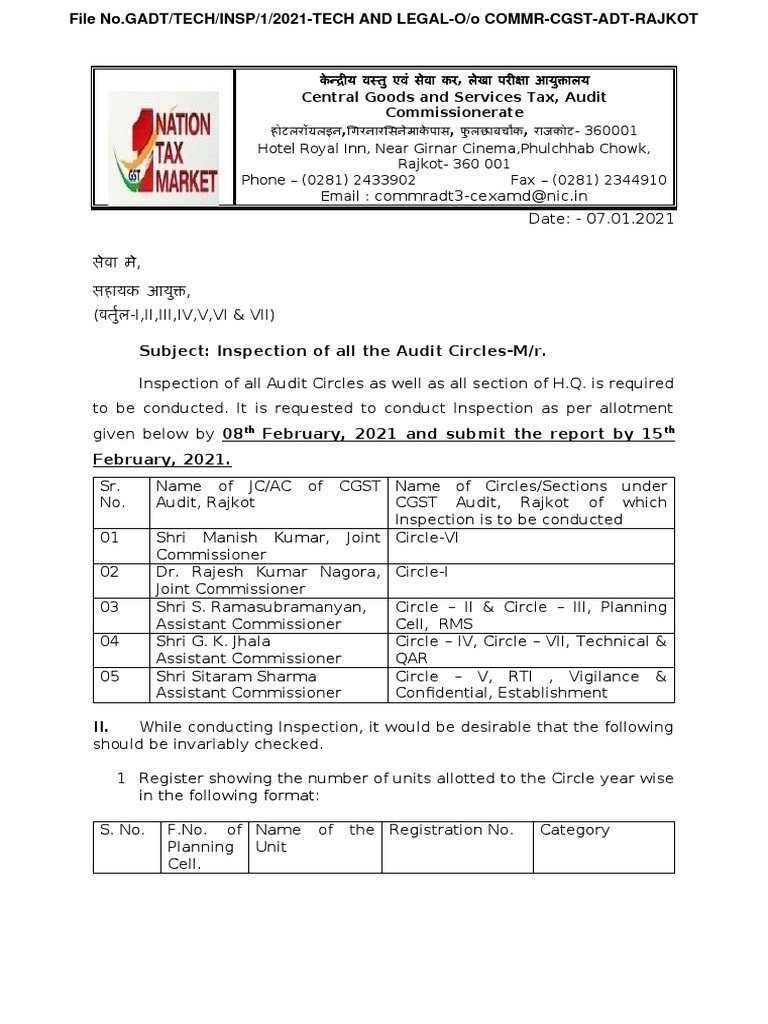 CGST Audit Inspection Guidelines Rajkot | PDF | Government | Business