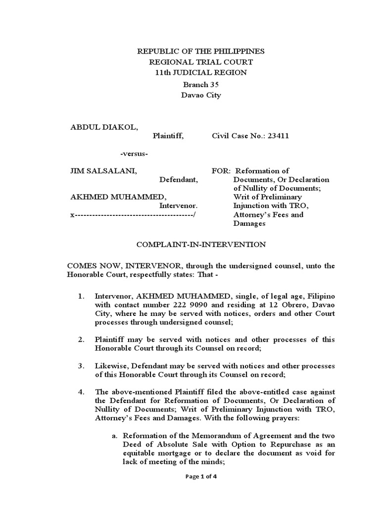 Complaint in Intervention by Muhammed | PDF | Deed | Injunction
