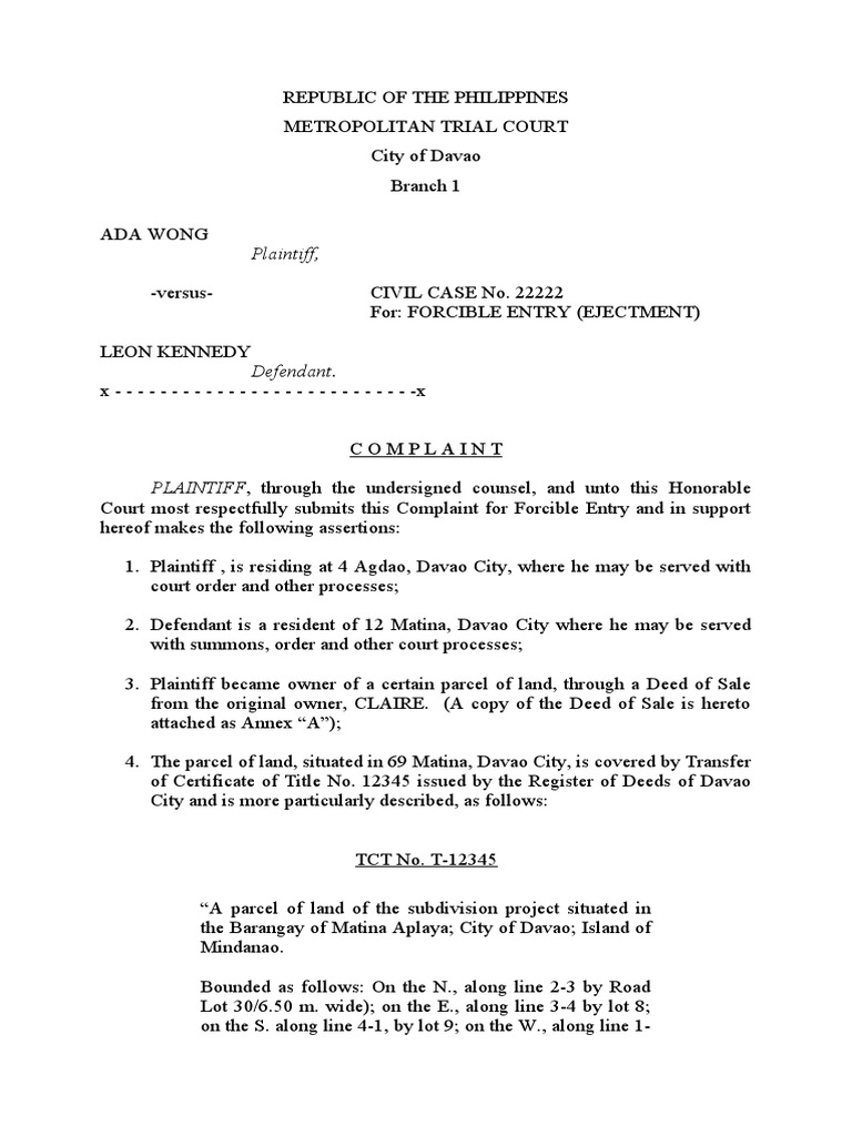 Complaint-for-FORCIBLE-ENTRY (1) Asasa | PDF | Lawsuit | Civil Law (Common Law)