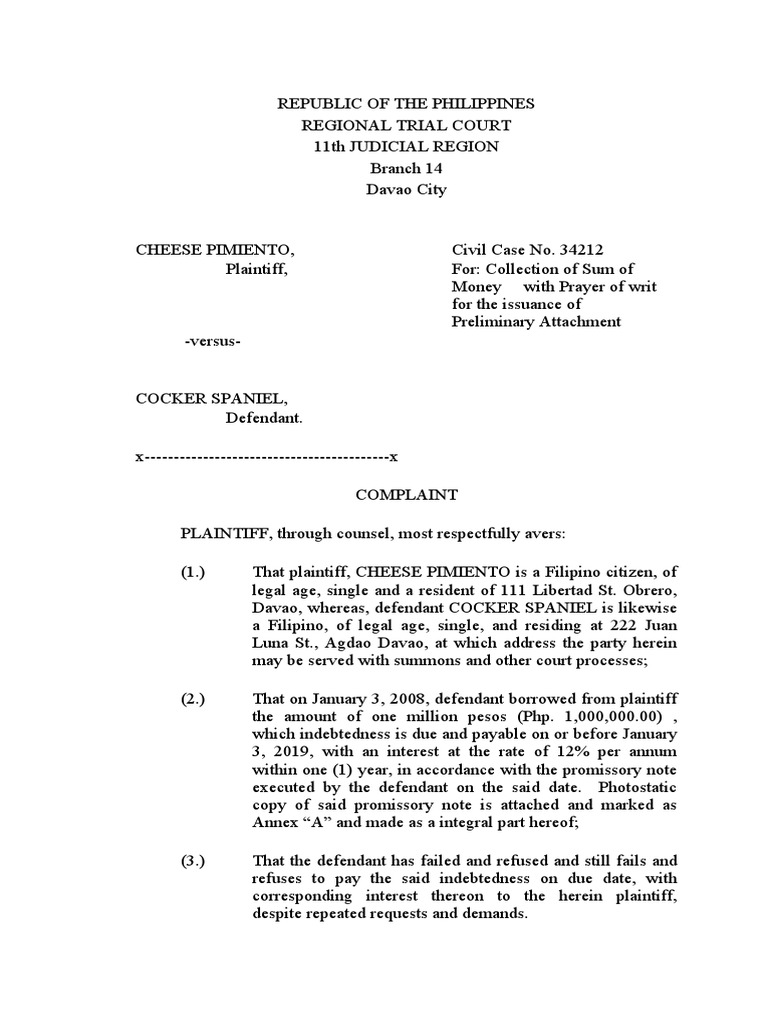 Complaint-for-Sum-of-Money-with-Prelim-Att (1) Asssss | PDF | Lawsuit ...