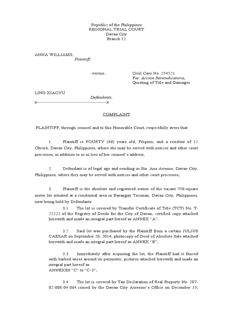 Complaint-for-Quieting-of-Title (1) Assss | PDF | Damages | Ownership