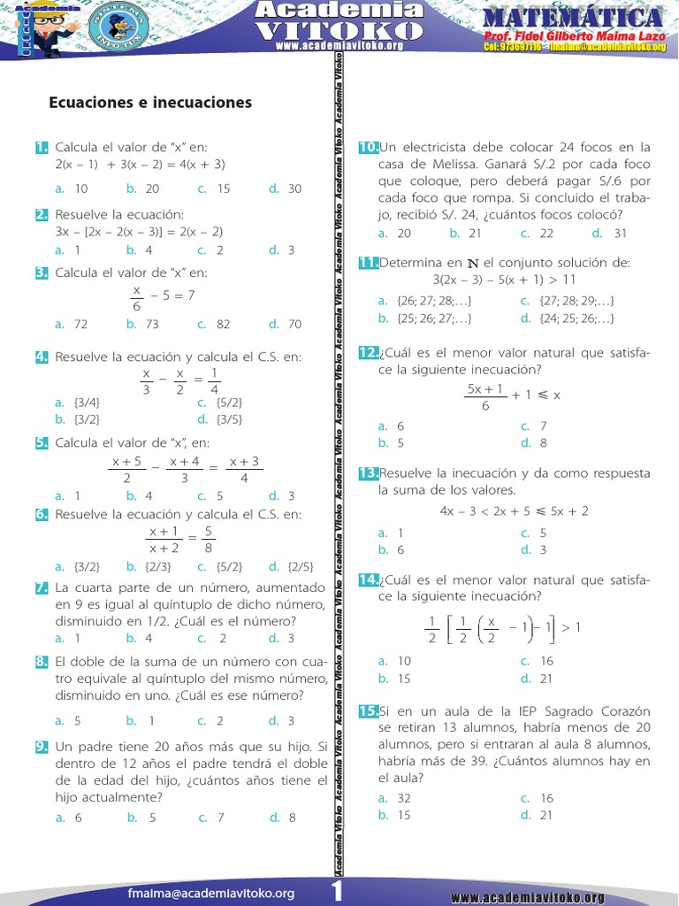 Problemas de Ecuaciones e Inecuaciones | PDF | Ecuaciones | Álgebra