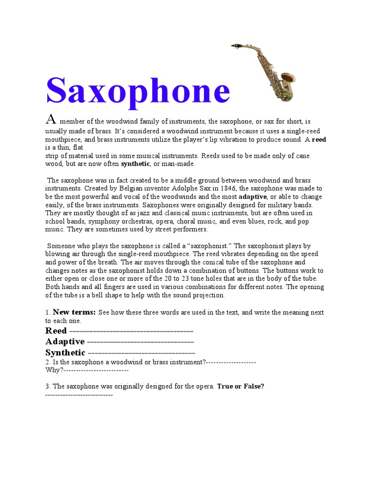 Saxophone Worksheet | PDF