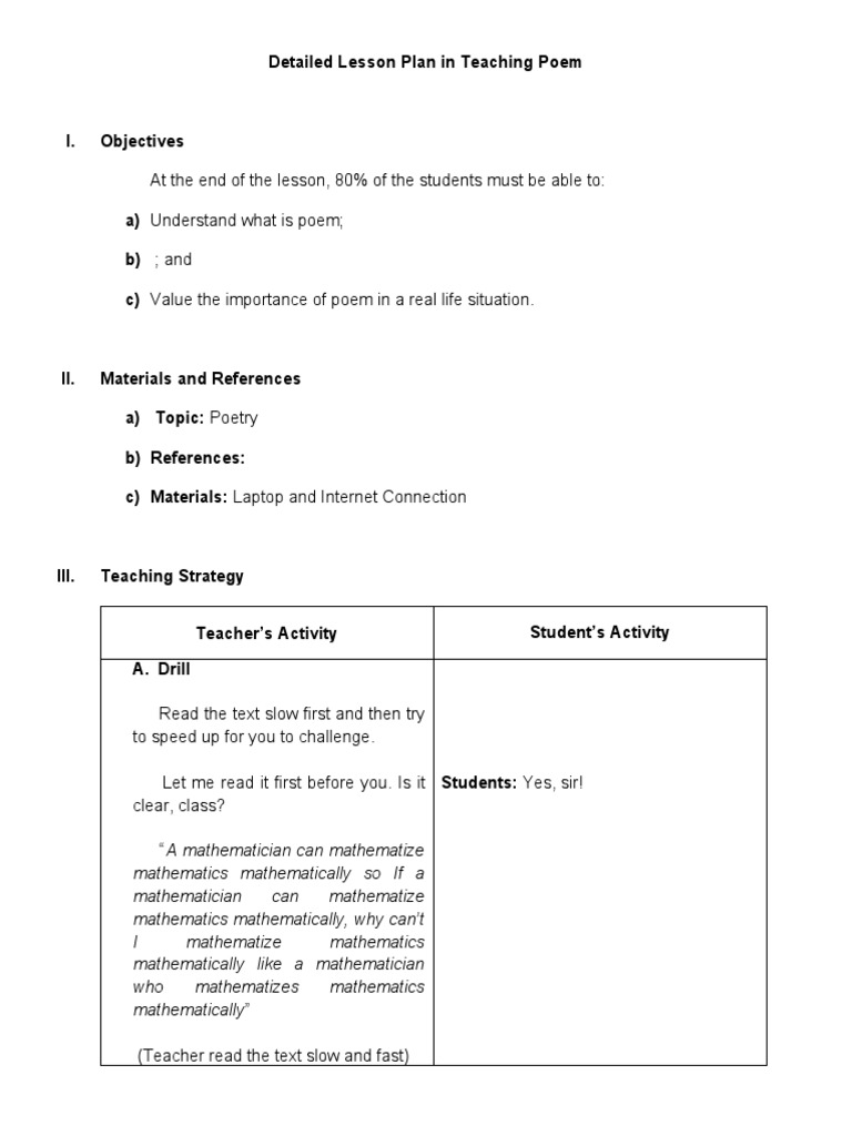 Detailed Lesson Plan in Teaching Poem | PDF | Lesson Plan | Teaching ...