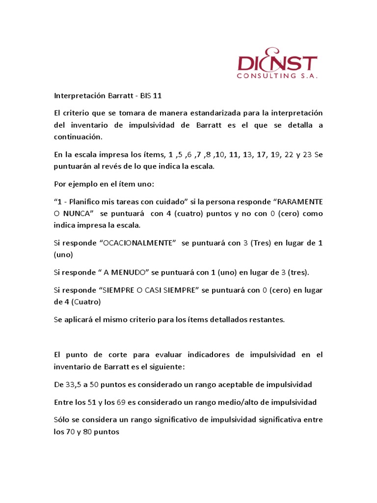 Interpretación Barratt BIS XI | PDF