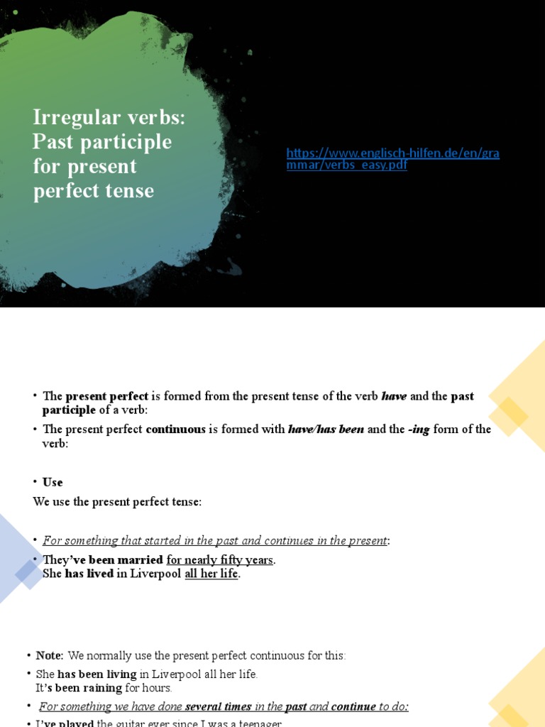Irregular Verbs: Past Participle For Present Perfect Tense: Mmar/verbs ...