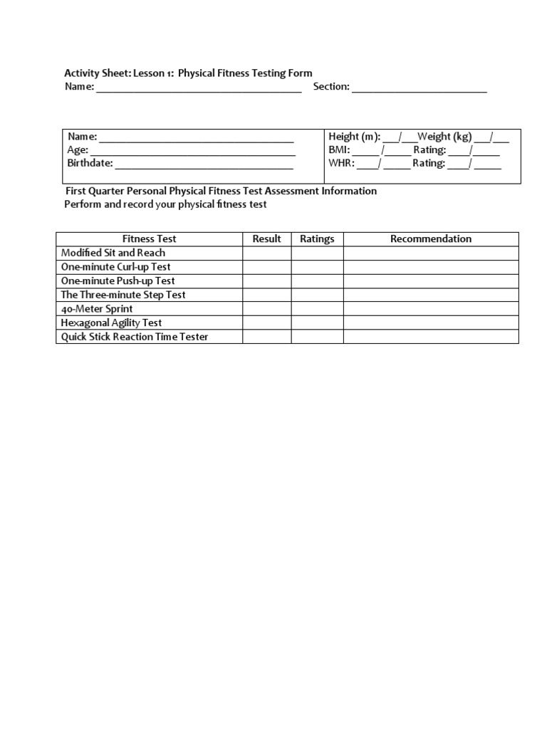 Activity Sheet Lesson 1 Physical Fitness Testing Form | PDF | Wellness
